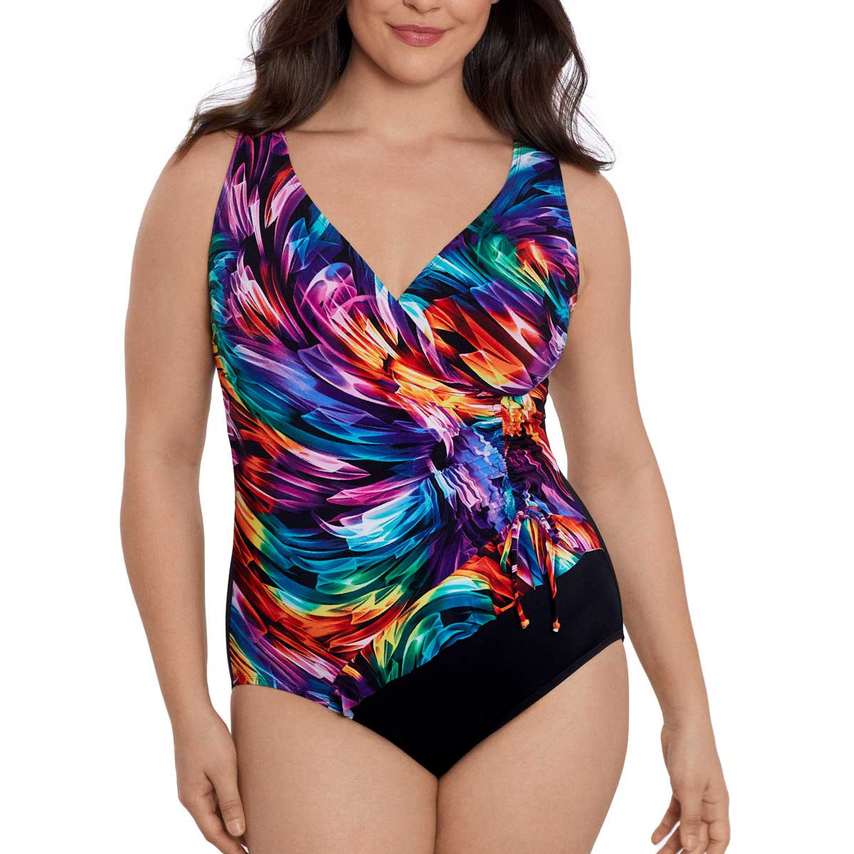 Longitude: One Piece Ribbon Candy Long Torso Ruffle Surplice Swimsuit – Swim City